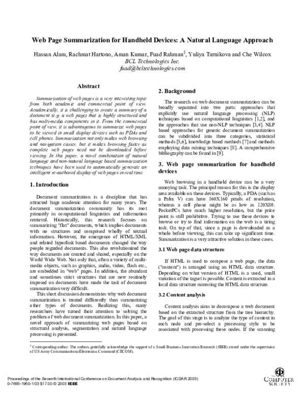 (PDF) Web page summarization for handheld devices: a natural language approach