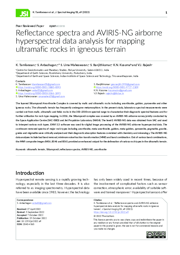 (PDF) Reflectance spectra and AVIRIS-NG airborne hyperspectral data analysis for mapping ...