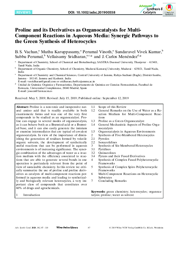 (PDF) Proline and its Derivatives as Organocatalysts for Multi ...
