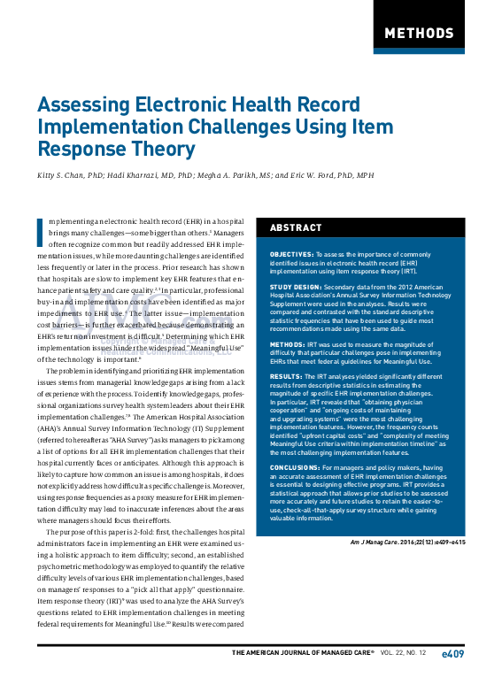 (PDF) Assessing electronic health record implementation challenges using item response theory