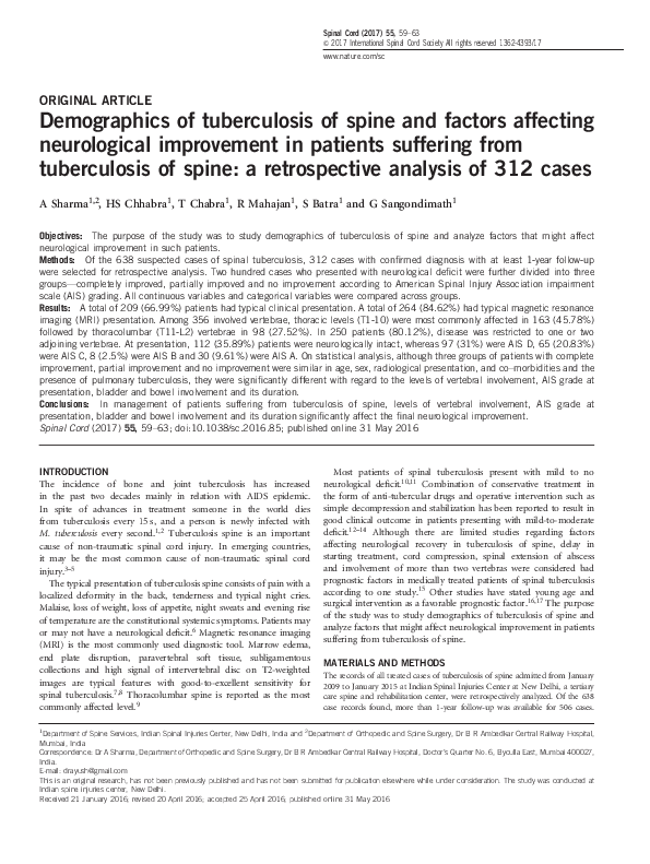 (PDF) Demographics of Tuberculosis of Spine and Factors Affecting Neurological Improvement in ...