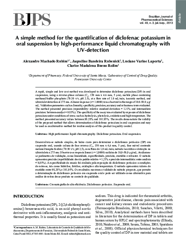 Pdf A Simple Method For The Quantification Of Diclofenac Potassium In