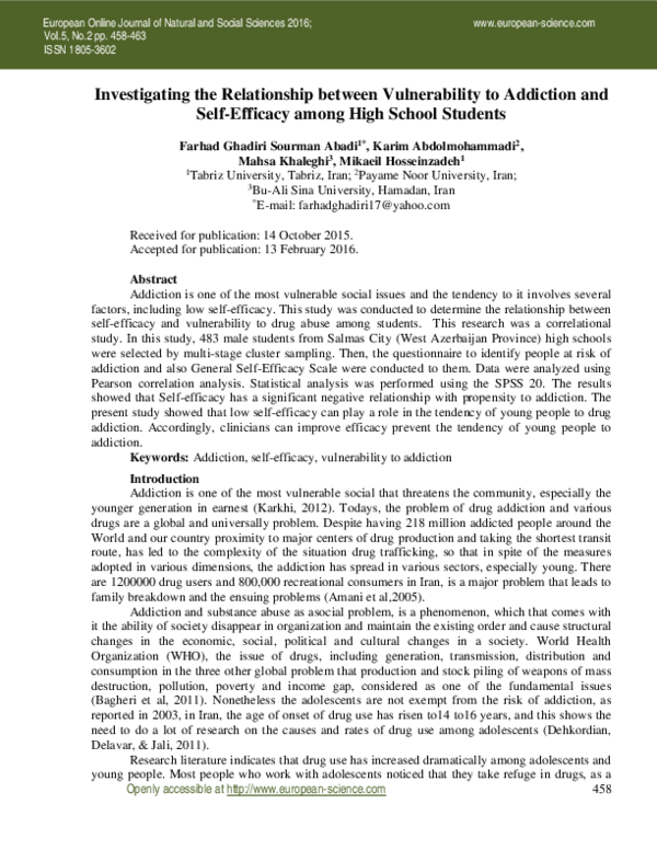 (PDF) Investigating the Relationship between Vulnerability to Addiction and Self-Efficacy among ...