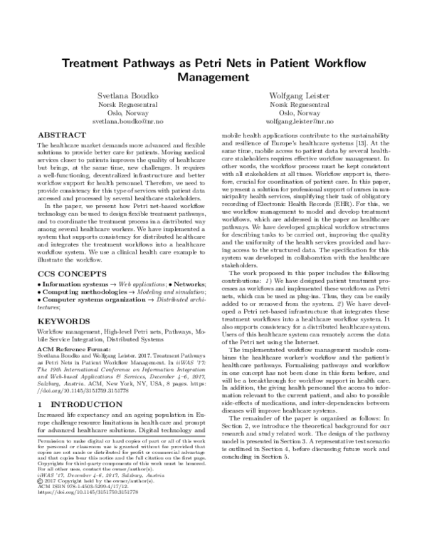 (PDF) Treatment pathways as petri nets in patient workflow management