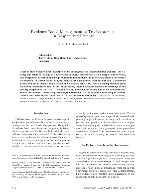 (PDF) Evidence-based management of tracheostomies in hospitalized patients
