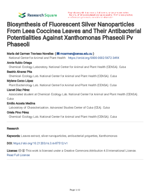 (PDF) Biosynthesis of Fluorescent Silver Nanoparticles From Leea Coccinea Leaves and Their ...