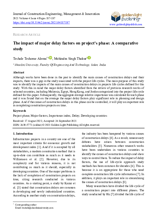 (PDF) The impact of major delay factors on project’s phase: A ...