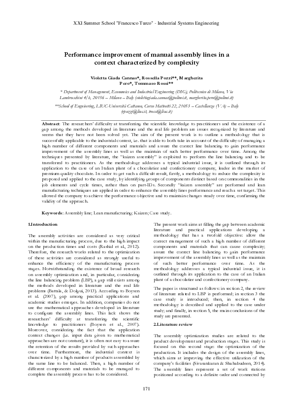 (PDF) Performance improvement of manual assembly lines in a context ...
