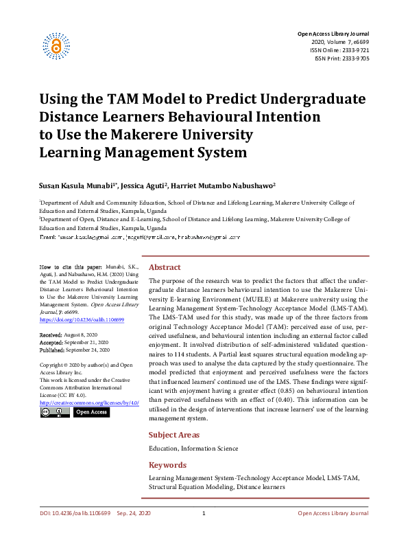 (PDF) Using the TAM Model to Predict Undergraduate Distance Learners ...
