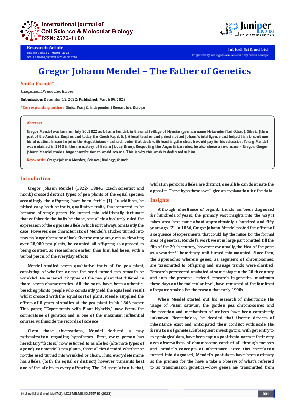 (PDF) Gregor Johann Mendel - The Father of Genetics