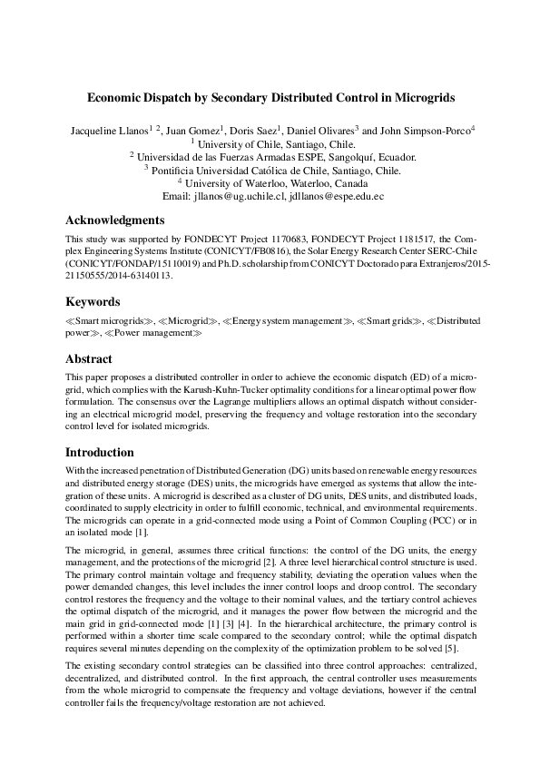(PDF) Economic Dispatch by Secondary Distributed Control in Microgrids