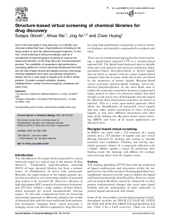 (PDF) Structure-based virtual screening of chemical libraries for drug discovery