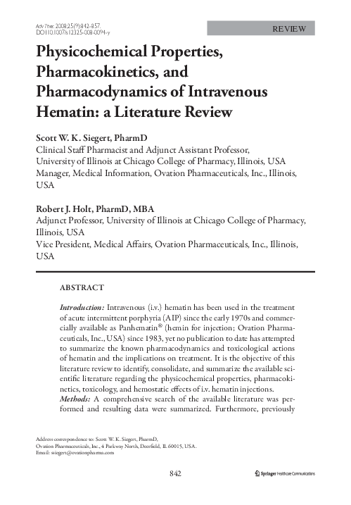 (PDF) Physicochemical properties, pharmacokinetics, and pharmacodynamics of intravenous hematin ...