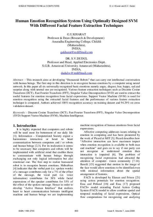 Pdf Human Emotion Recognition System Using Optimally Designed Svm With Different Facial