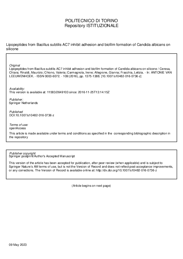 (PDF) Lipopeptides from Bacillus subtilis AC7 inhibit adhesion and biofilm formation of Candida ...