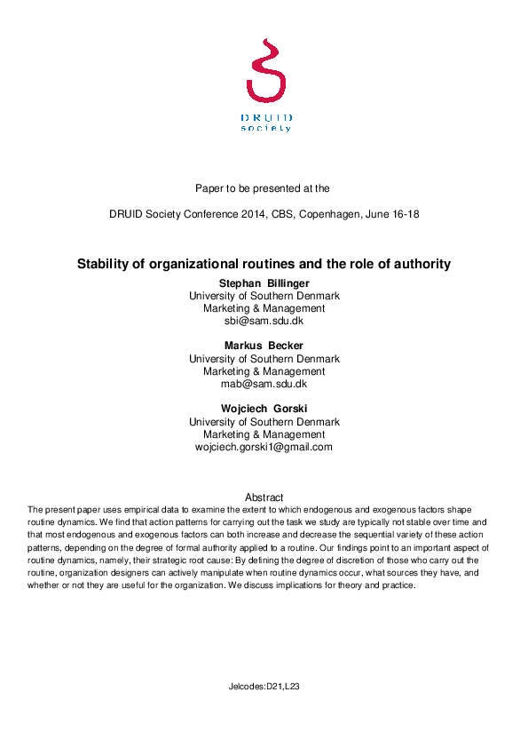 (PDF) Stability of organizational routines and the role of authority