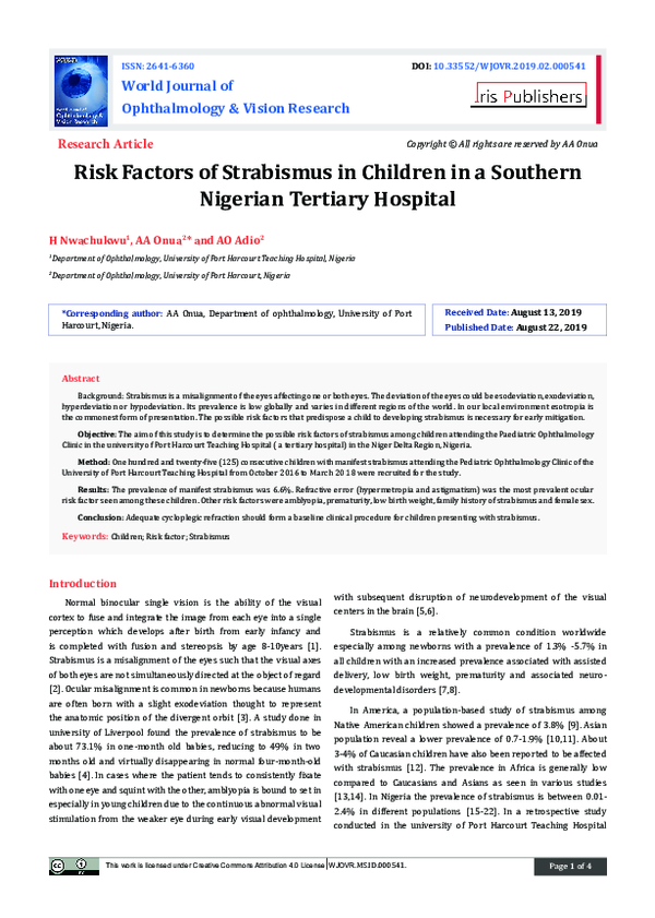 (PDF) Risk Factors of Strabismus in Children in a Southern Nigerian ...