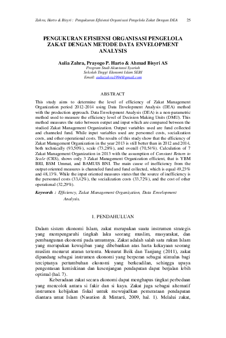 (PDF) Pengukuran Efisiensi Organisasi Pengelola Zakat Dengan Metode Data Envelopment Analysis