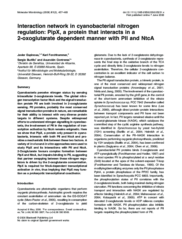 (PDF) Interaction network in cyanobacterial nitrogen regulation: PipX ...