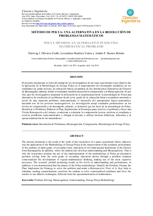 (PDF) Método de Polya: una alternativa en la resolución de problemas matemáticos