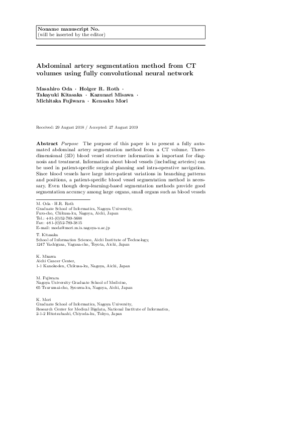 (PDF) Abdominal artery segmentation method from CT volumes using fully convolutional neural network