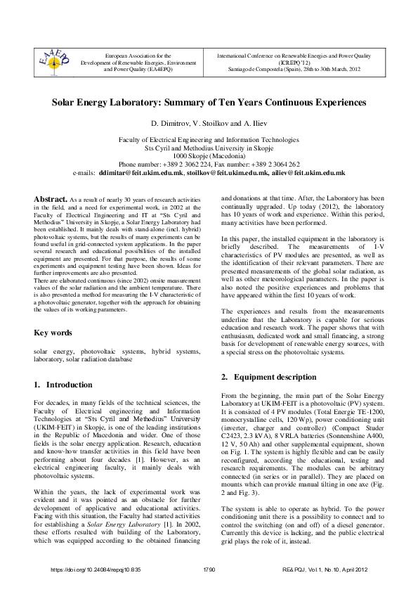 (PDF) Solar Energy Laboratory: Summary of Ten Years Continuous Experiences