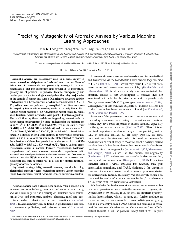 (PDF) Predicting Mutagenicity of Aromatic Amines by Various Machine Learning Approaches