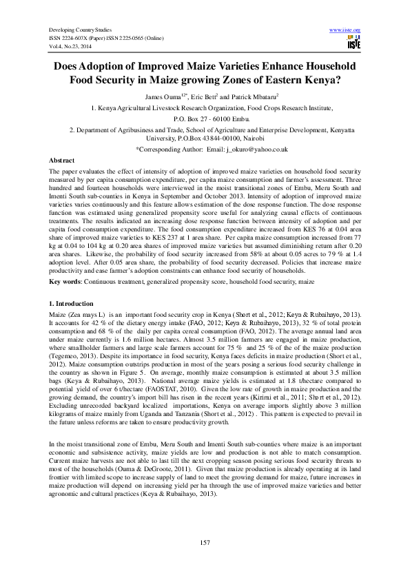 (PDF) Does Adoption of Improved Maize Varieties Enhance Household Food Security in Maize growing ...