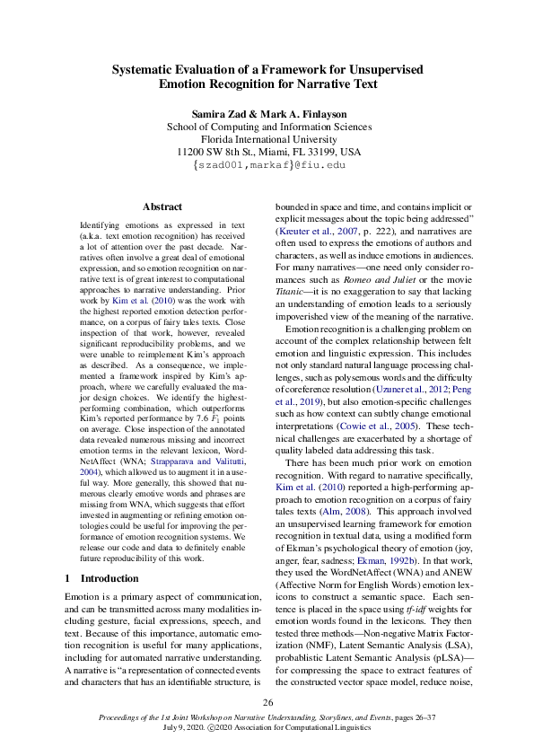 Pdf Systematic Evaluation Of A Framework For Unsupervised Emotion Recognition For Narrative Text