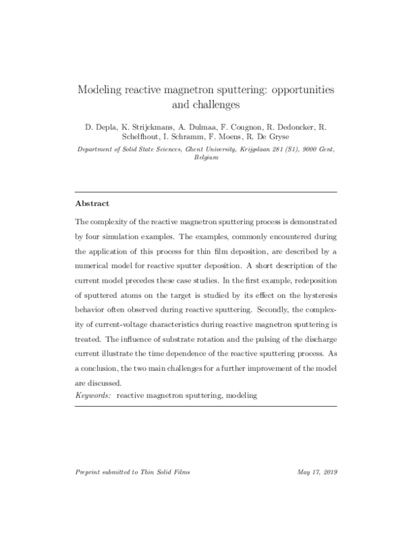 (PDF) Modeling reactive magnetron sputtering: Opportunities and challenges