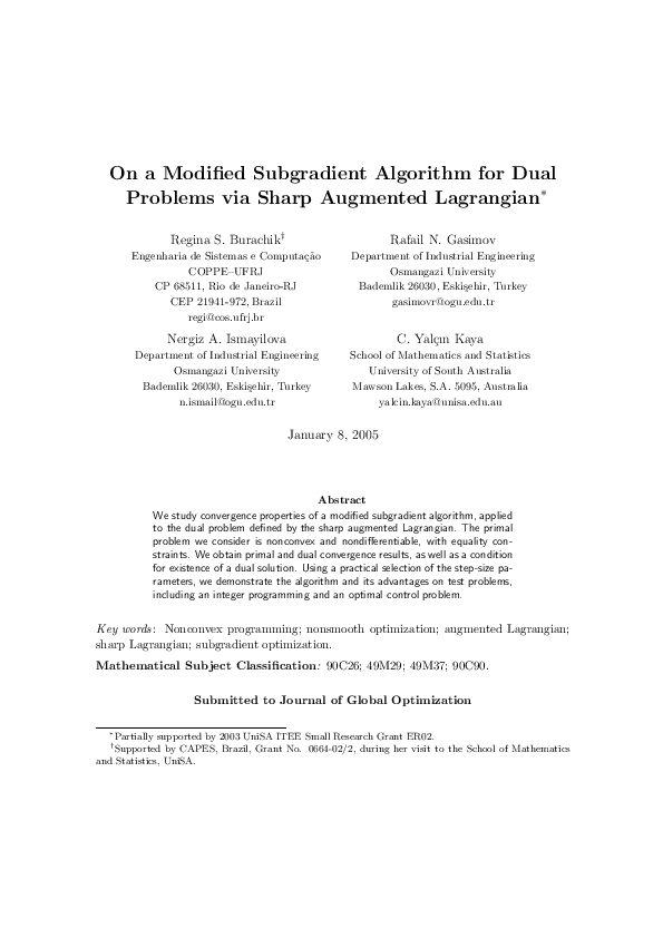 Pdf On A Modified Subgradient Algorithm For Dual Problems Via Sharp Augmented Lagrangian