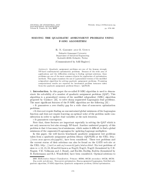 Pdf Solving The Quadratic Assignment Problem Using F Msg Algorithm