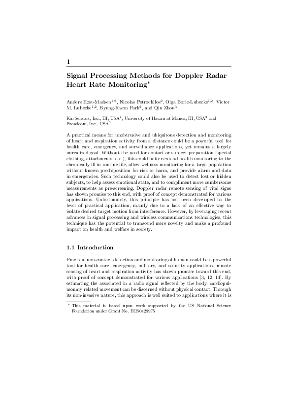 Pdf Signal Processing Methods For Doppler Radar Heart Rate Monitoring
