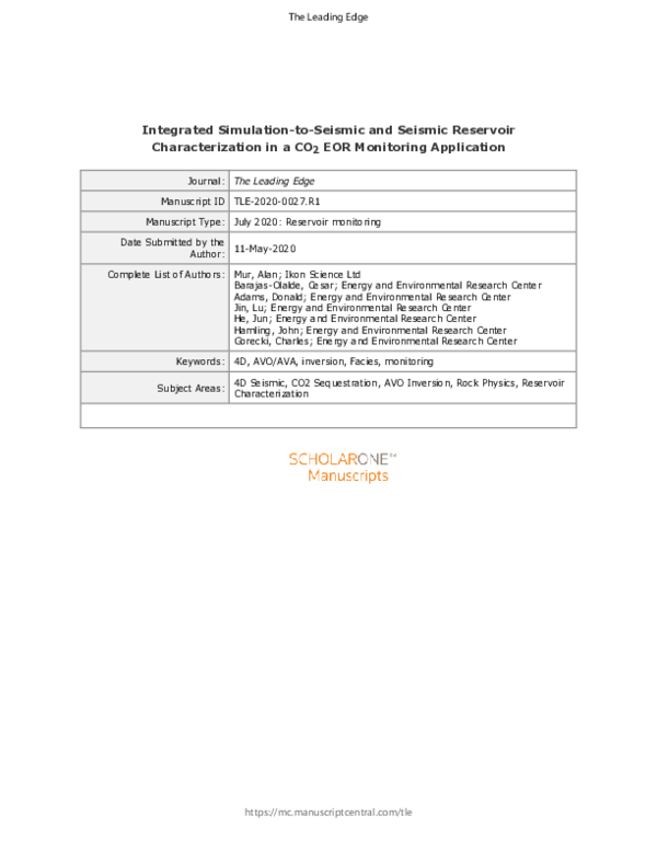Pdf Integrated Simulation To Seismic And Seismic Reservoir Characterization In A Co2 Eor