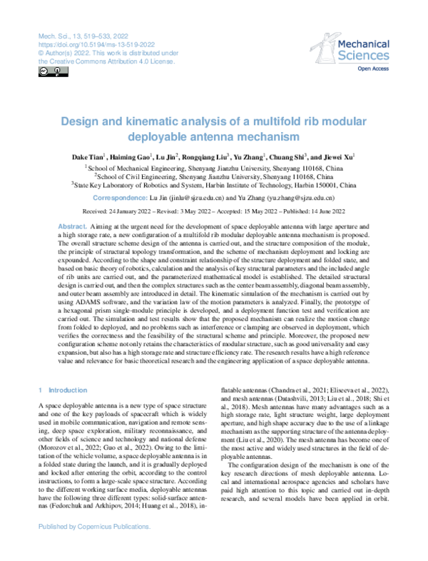 (PDF) Design and kinematic analysis of a multifold rib modular deployable antenna mechanism