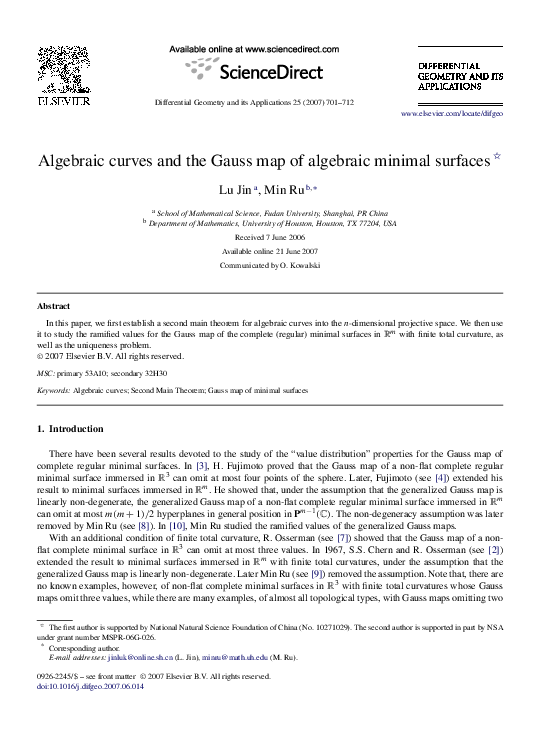 (PDF) Algebraic curves and the Gauss map of algebraic minimal surfaces