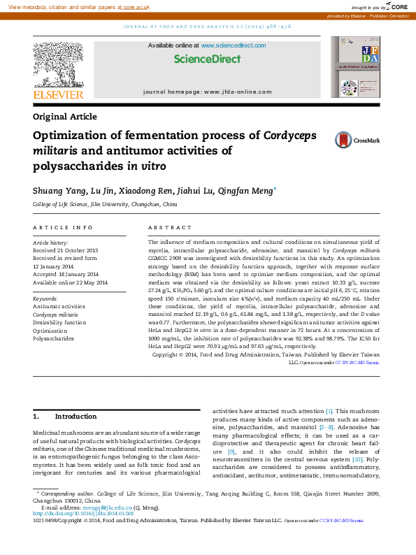 (PDF) Optimization of fermentation process of Cordyceps militaris and ...