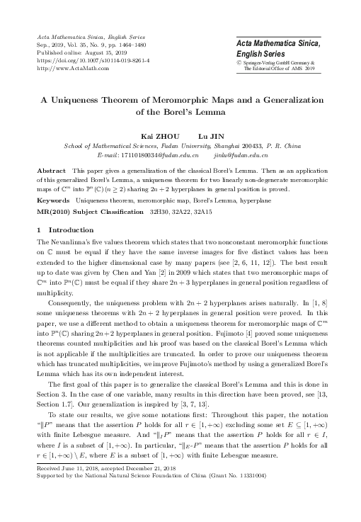 (PDF) A Uniqueness Theorem of Meromorphic Maps and a Generalization of the Borel’s Lemma
