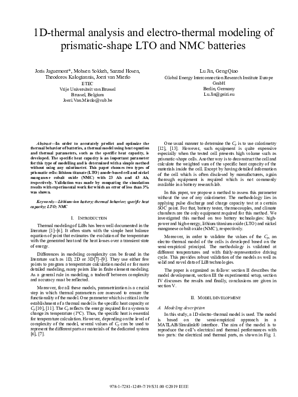 Pdf 1d Thermal Analysis And Electro Thermal Modeling Of Prismatic Shape Lto And Nmc Batteries