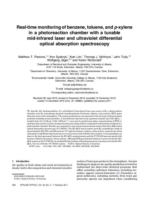 (PDF) Real-time monitoring of benzene, toluene, and p-xylene in a ...
