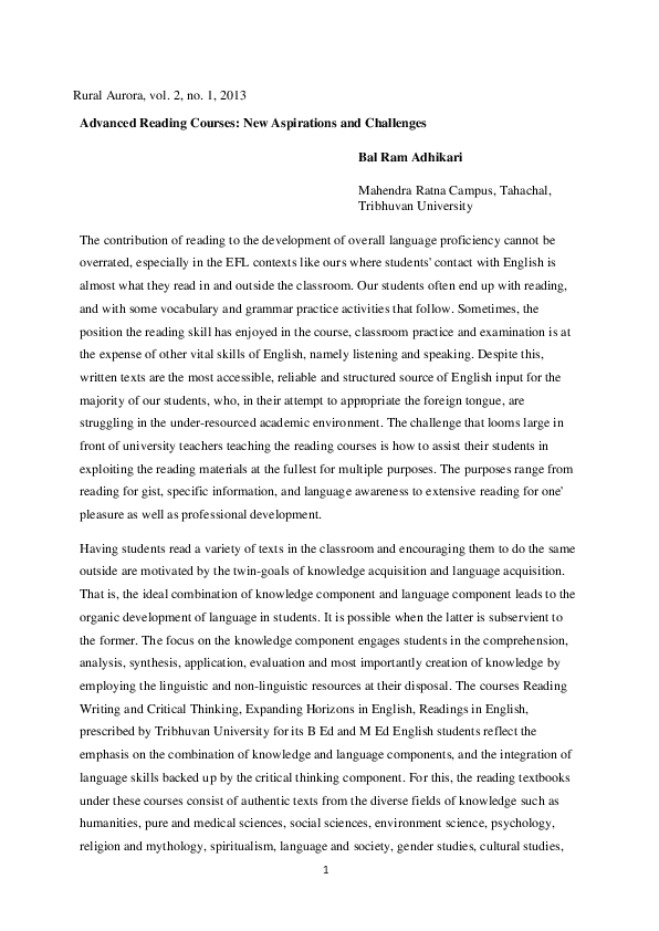 (PDF) Advanced Reading Courses: New Aspirations and Challenges Bal Ram ...