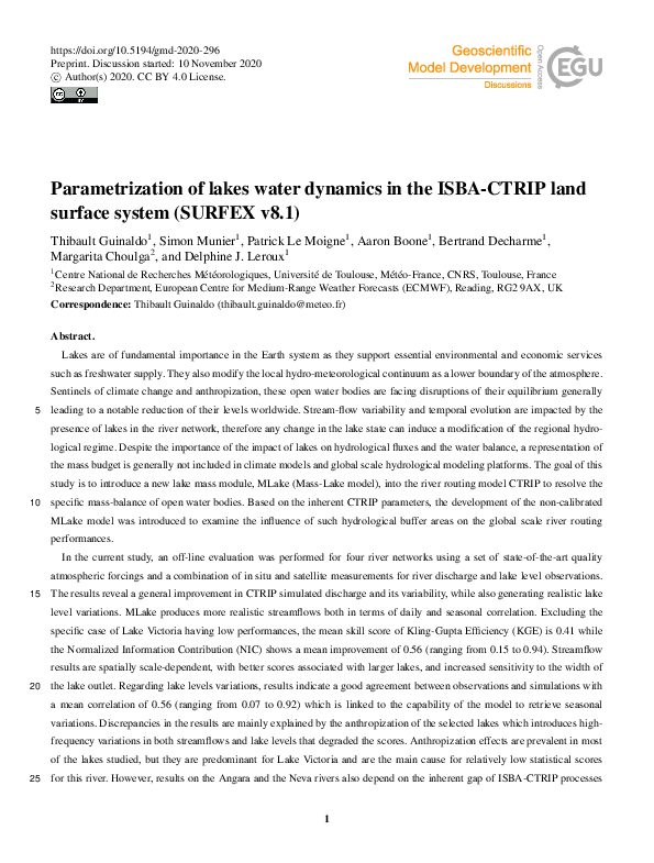 (PDF) Parametrization of lakes water dynamics in the ISBA-CTRIP land ...