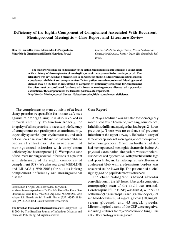 (PDF) Deficiency of the eighth component of complement associated with recurrent meningococcal ...