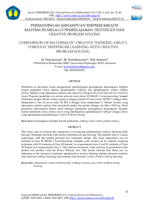 (PDF) Perbandingan Kemampuan Berpikir Kreatif Matematis Melalui Pembelajaran Treffinger Dan ...