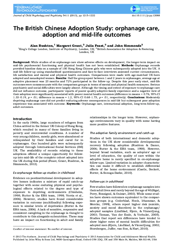 (PDF) The British Chinese Adoption Study: orphanage care, adoption and mid-life outcomes