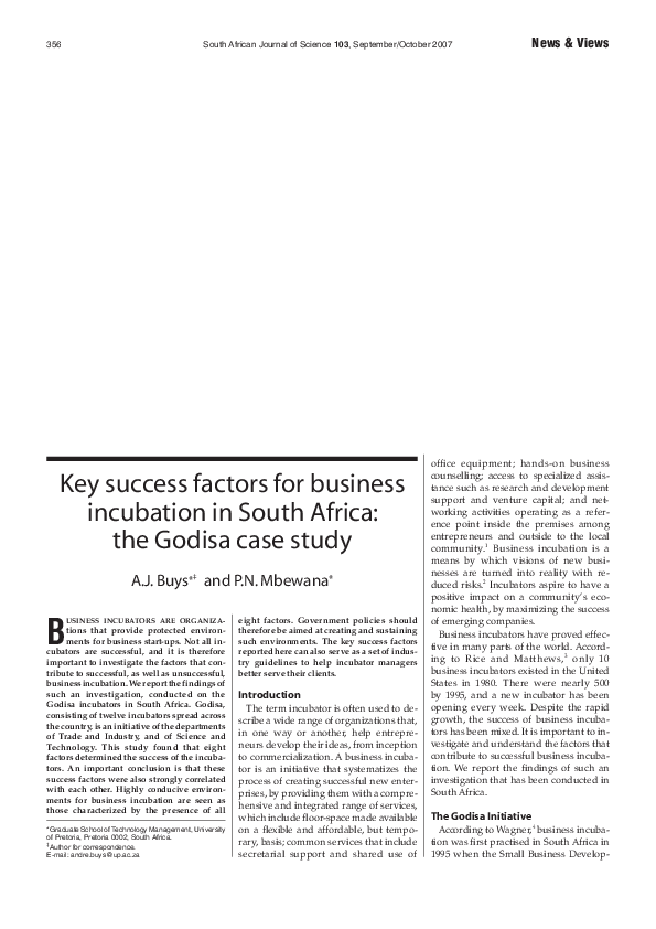 (PDF) The key success factors for business incubation in South Africa ...