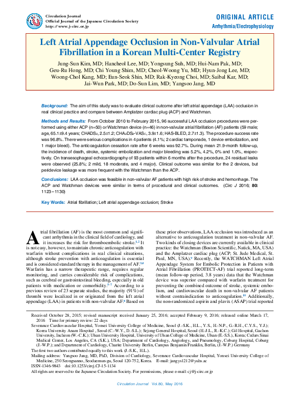 (PDF) Left atrial appendage occlusion in non-valvular atrial fibrillation