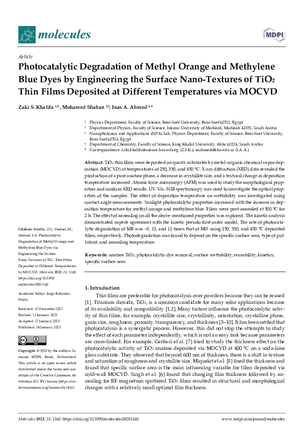 (PDF) Photocatalytic Degradation of Methyl Orange and Methylene Blue Dyes by Engineering the ...