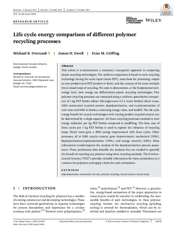 (PDF) Life cycle energy comparison of different polymer recycling processes