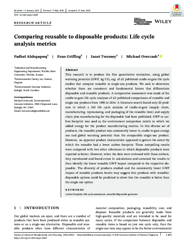 (PDF) Comparing Reusable to Disposable Products: Life Cycle Analysis ...